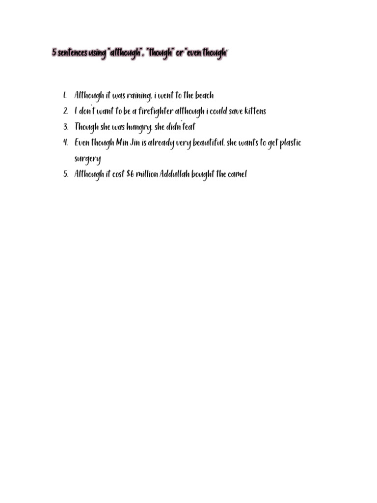 5 Sentences Using "Although" and "Though" | PDF