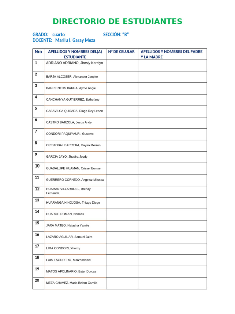 Directorio Estudiantes Cuarto Grado B | PDF