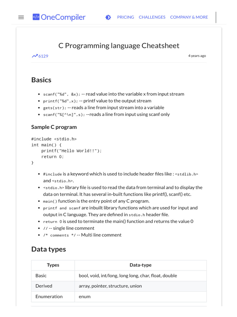 Ccheatsheet Pdf Pointer Computer Programming Integer Computer Science