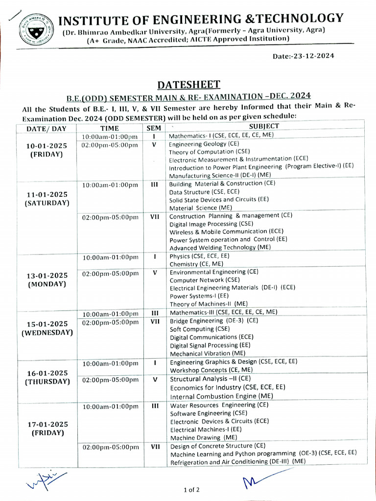 BE odd sem date sheet | PDF | Electronic Engineering | Engineering
