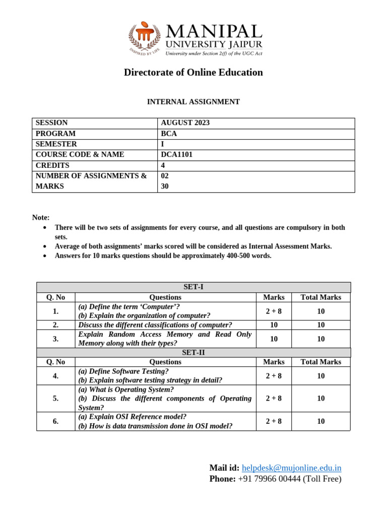 BCA Semester I Internal Assignment Guide | PDF
