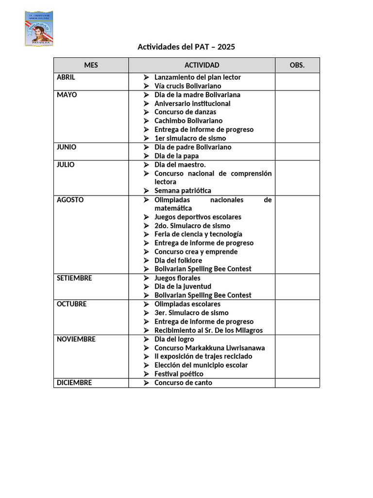 Actividades del PAT 2025: Calendario Escolar | PDF