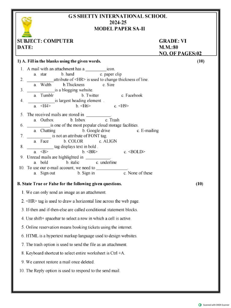Grade 6 Computer Model Paper | PDF