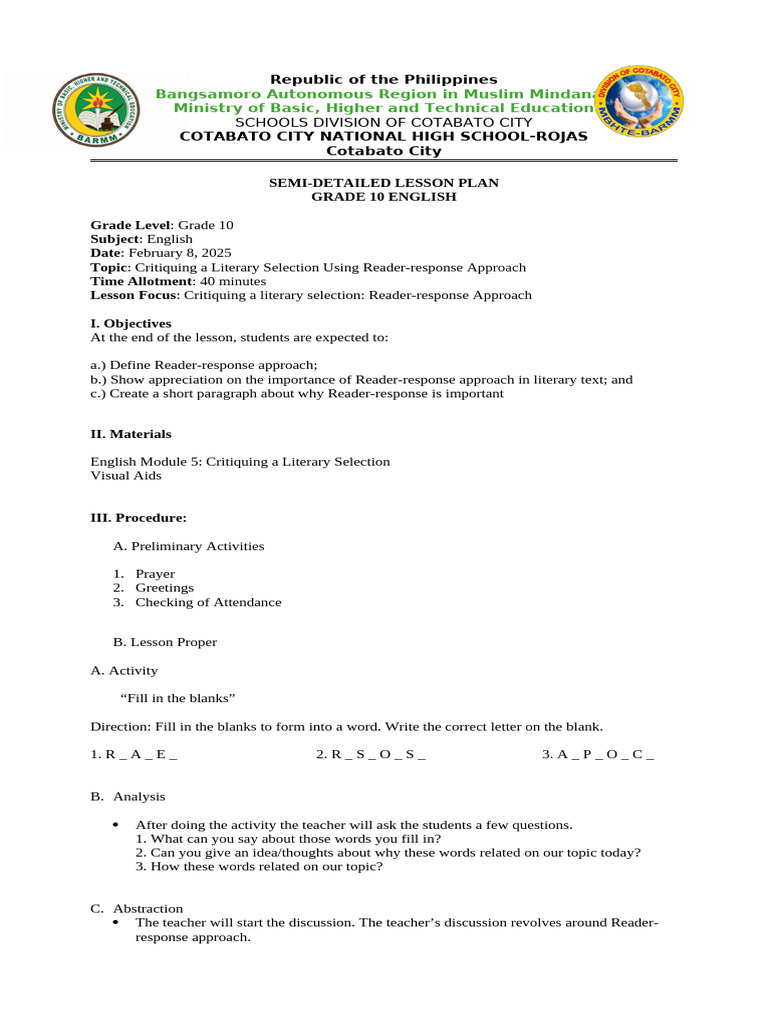 Lesson Plan Grade 10 (READER-RESPONSE APPROACH) | PDF | Lesson Plan ...