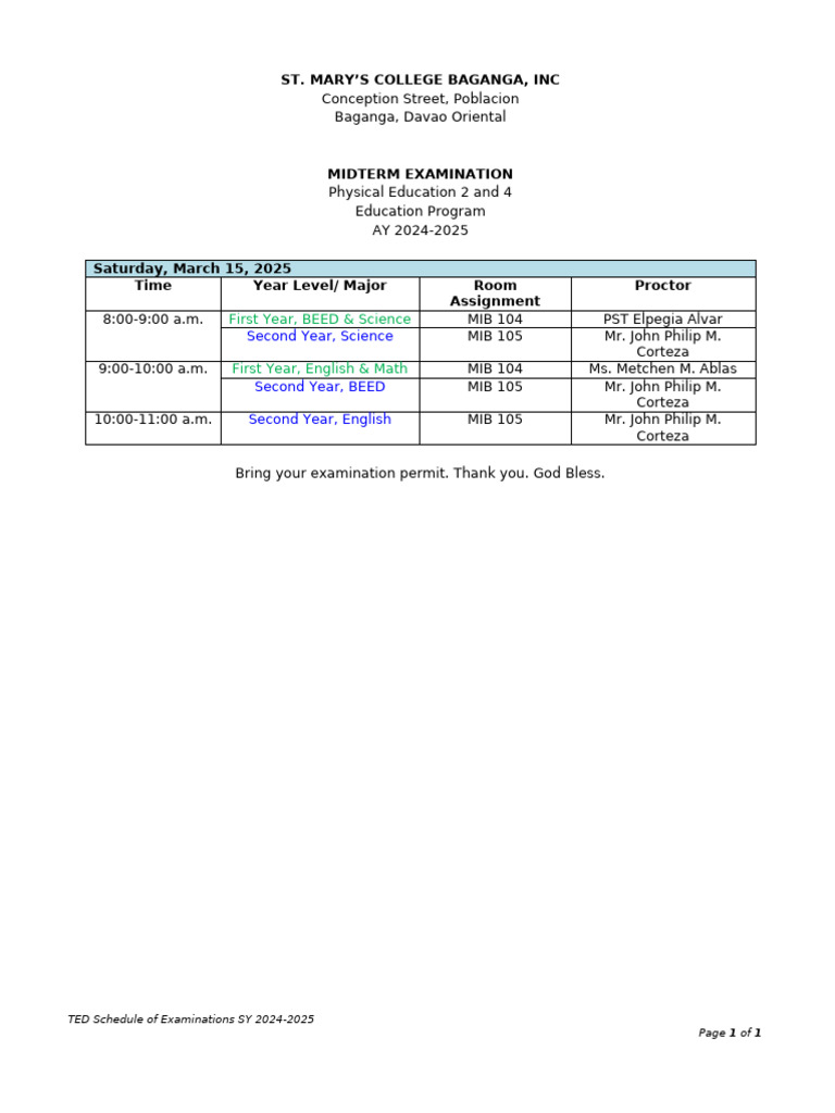 PE Schedule of Examination - 03.15.25 | PDF