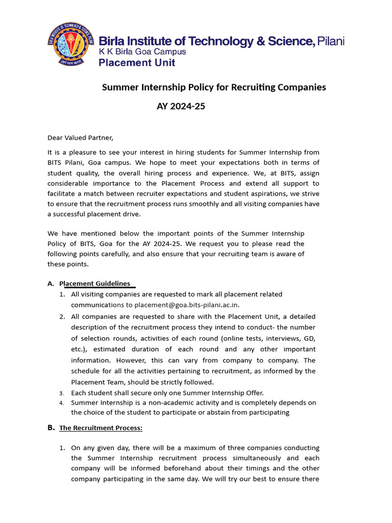 BITS Goa Summer Internship Policy 2024-25 | PDF | Internship | Job Hunting