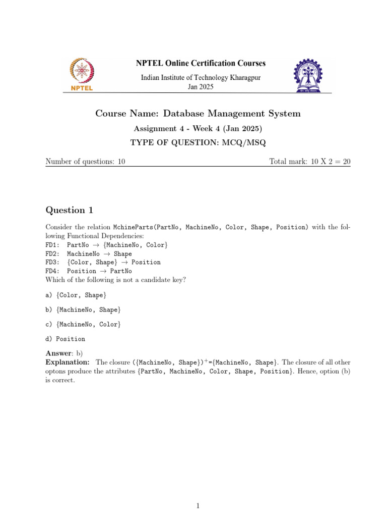 Assignment 4 NPTEL DBMS January 2025 | PDF | Software Design | Databases