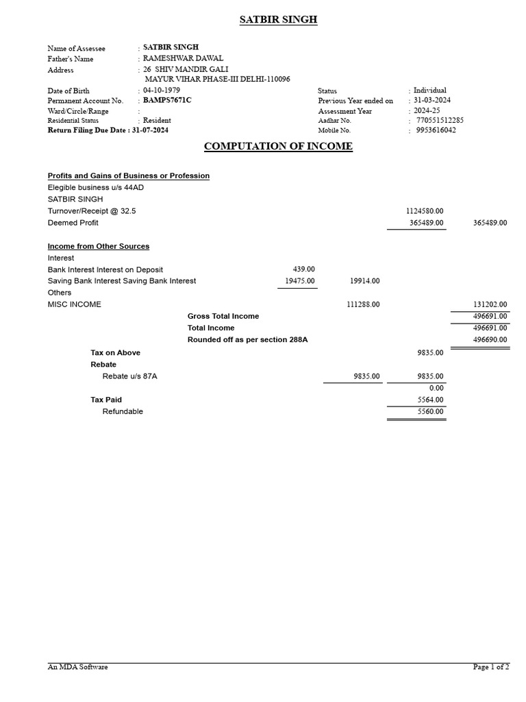 computation- satbir (2) | PDF | Tax Refund | Taxes