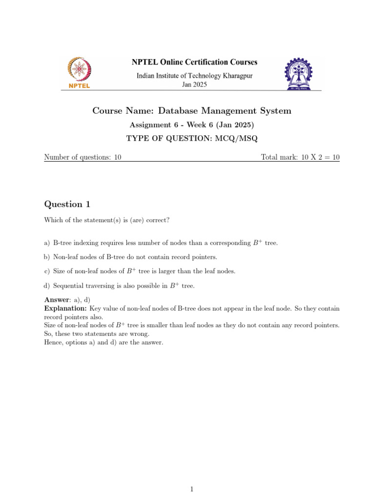 Assignment_6_NPTEL_DBMS_January_2025 | PDF | Database Index ...