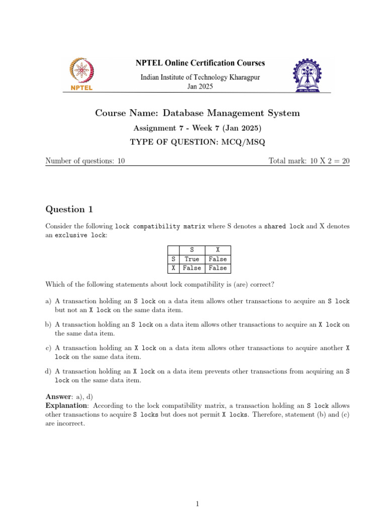 Assignment 7 NPTEL DBMS January 2025 | PDF | Databases | Concurrency (Computer Science)