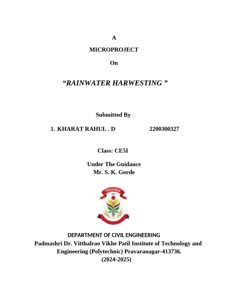 Rainwater Harvesting Micro Project Report | PDF | Fresh Water ...
