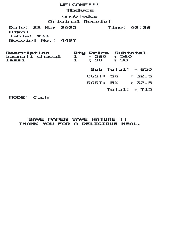 Restaurant Receipt for Meal on 28 Mar 2025 | PDF