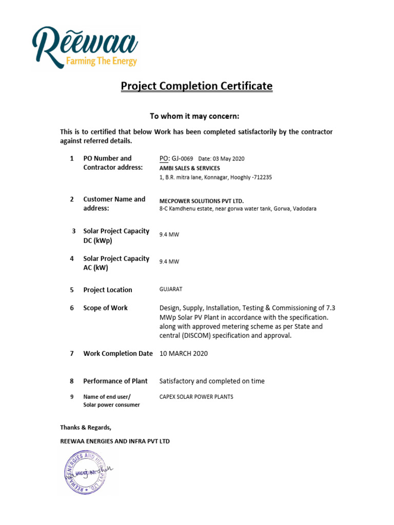 Solar Project Completion Certificate | PDF