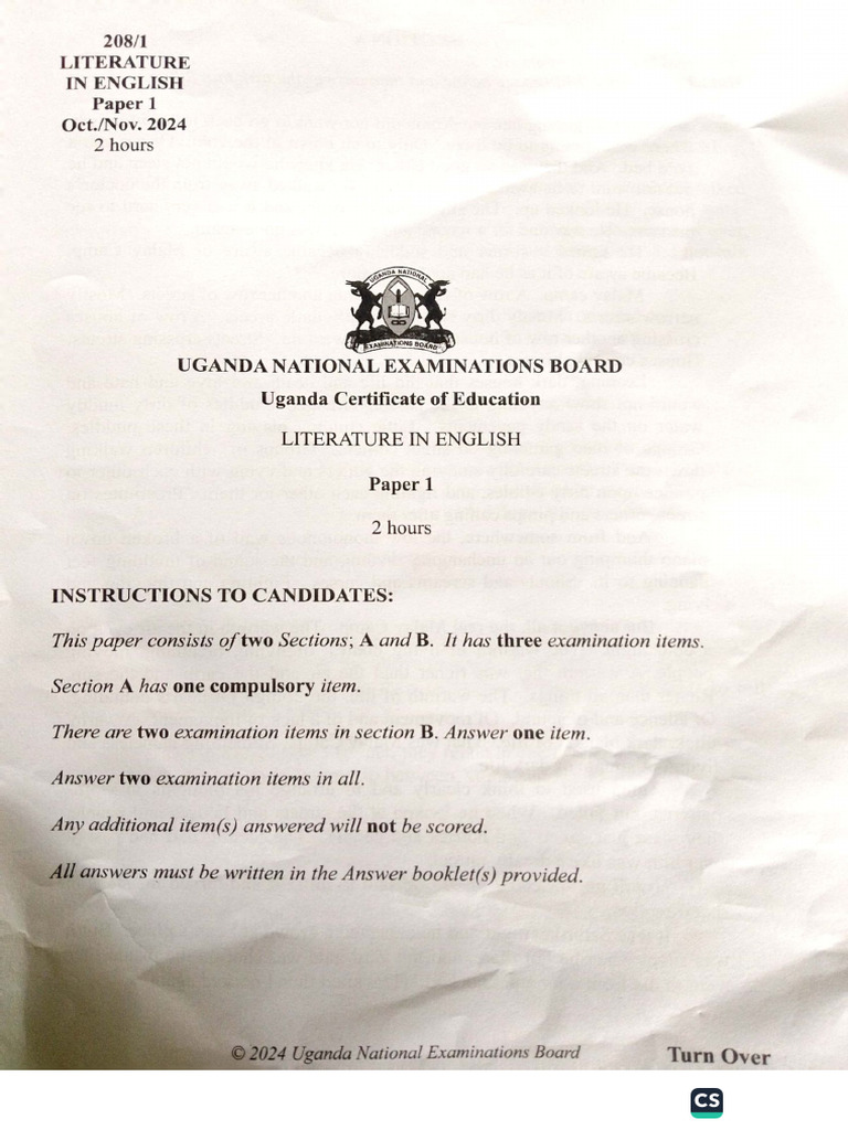 S.4 Literature IN ENGLISH P.1 UNEB 2024 New Curriculum | PDF