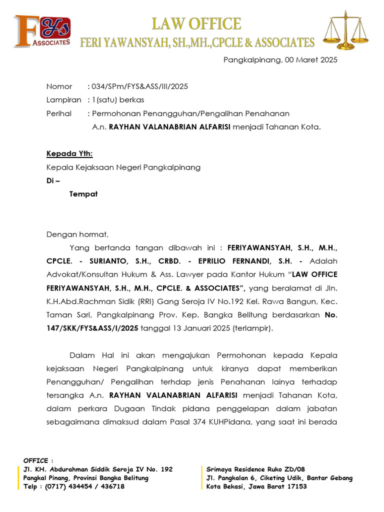 Permohonan Penangguhan Penahanan Kota | PDF