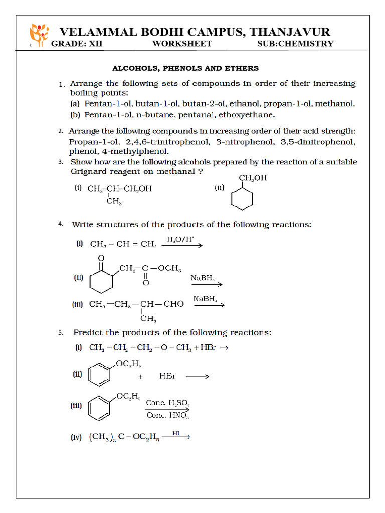 Chemistry Worksheet: Alcohols & Ethers | PDF