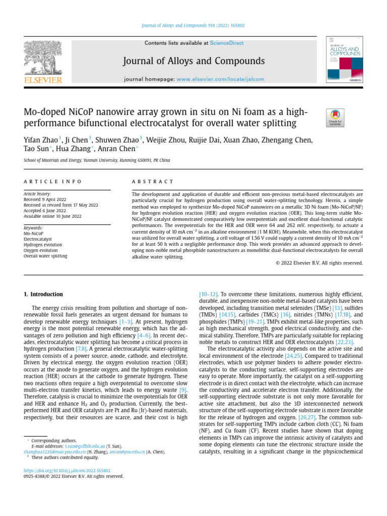 Mo-doped NiCoP Nanowire Array Grown in Situ on Ni Foam as a Highperformance Bifunctional ...