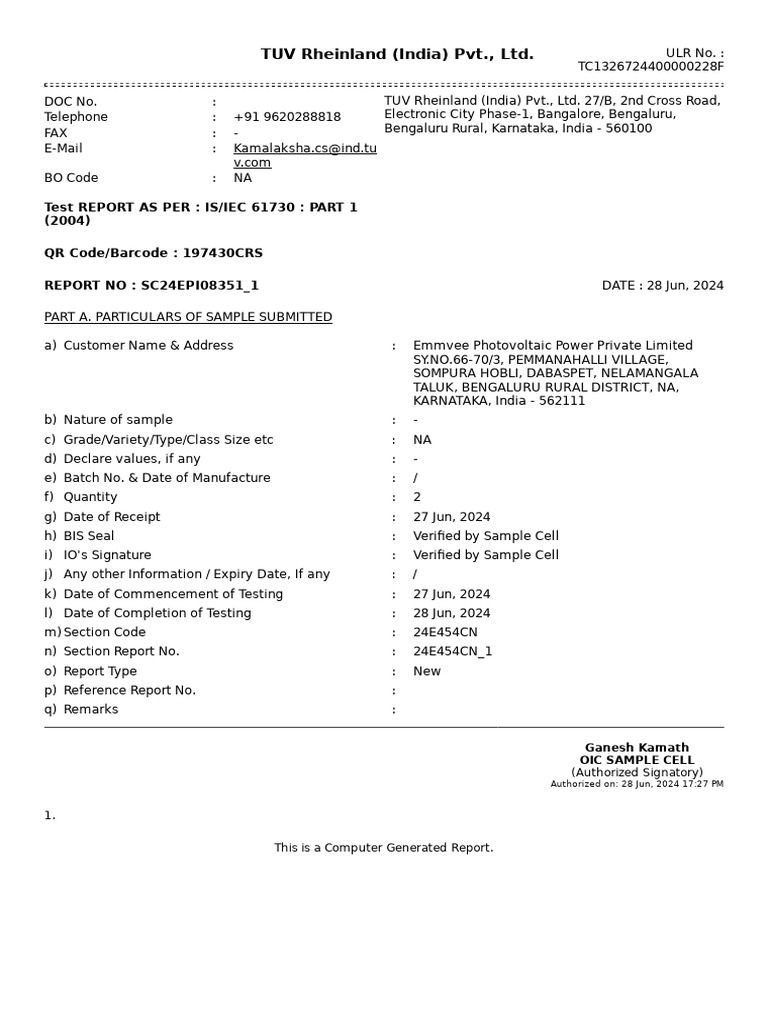 SC24EPI08351_1_EMV_IS_IEC 61730_1 | PDF | Electrical Wiring ...