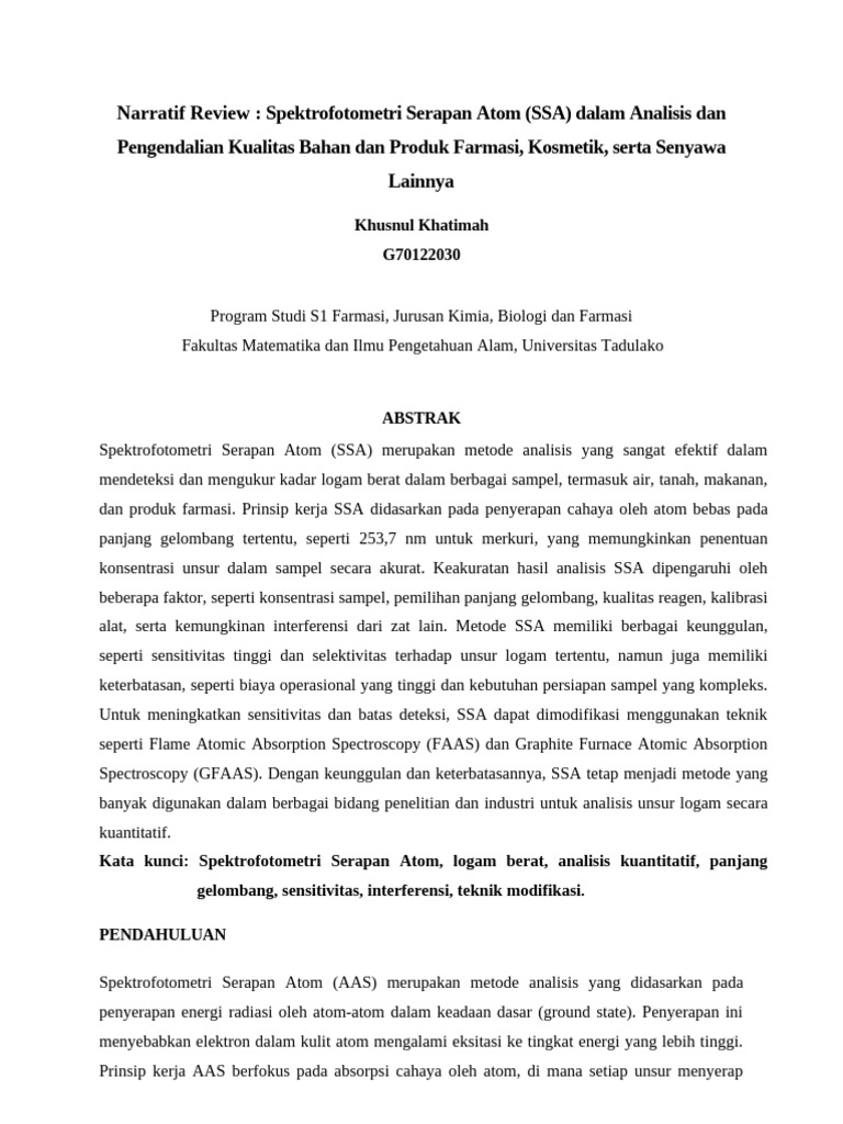 Narative Review Spektrofotometri Serapan Atom (SSA) | PDF