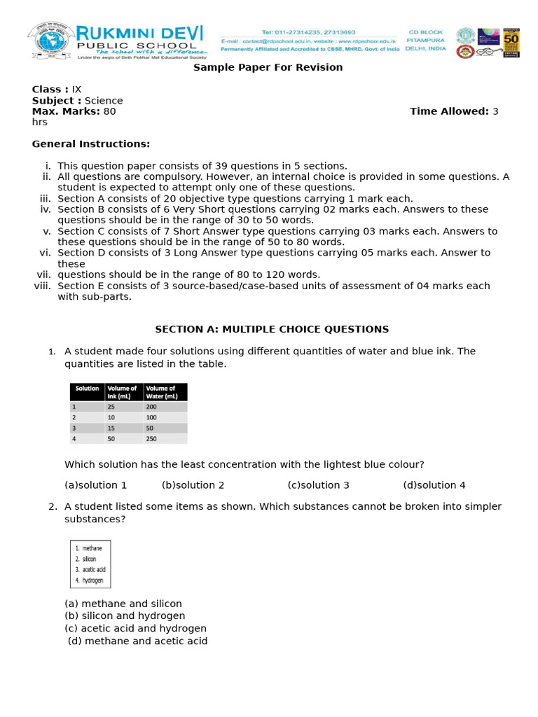 Class IX Sample Paper | PDF | Ion | Atoms