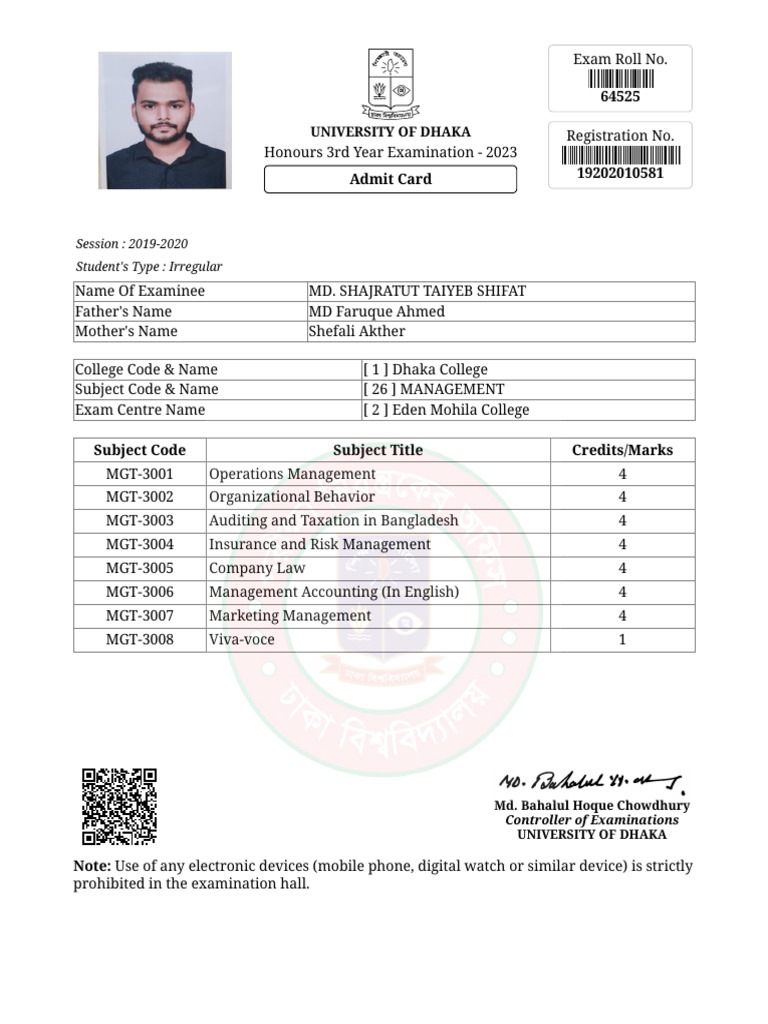 Student.7college - Du.ac - BD Students Print Admit - PHP Exam Id 66 | PDF