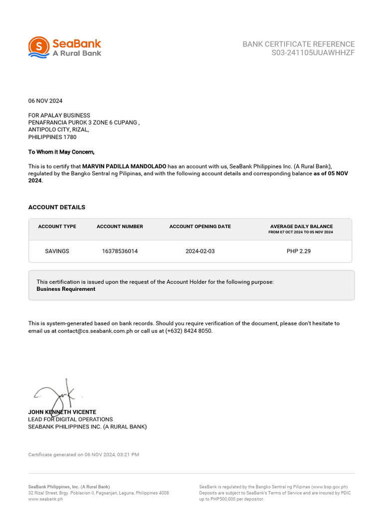 SeaBank Account Certification Sample | PDF