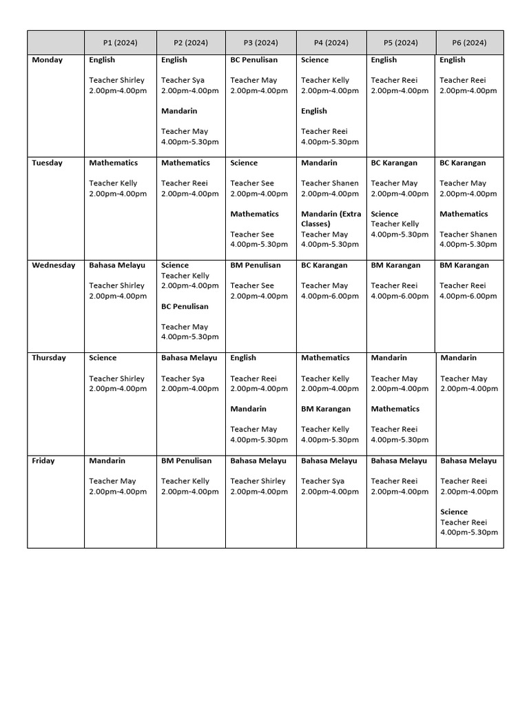 2024 Primary Timetable (Oct) | PDF
