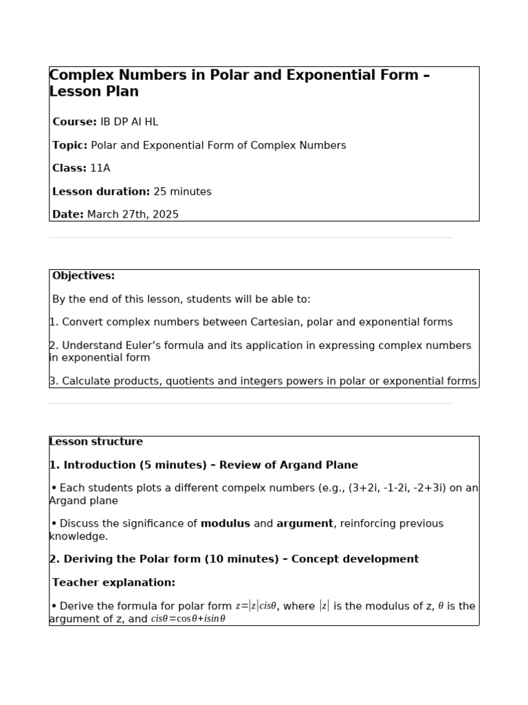 Lesson Plan - Complex Numbers in Polar and Exponential Form | PDF | Exponential Function ...