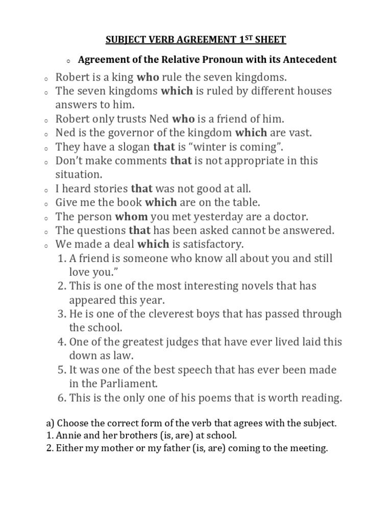Subject-Verb Agreement Exercises | PDF | Linguistics