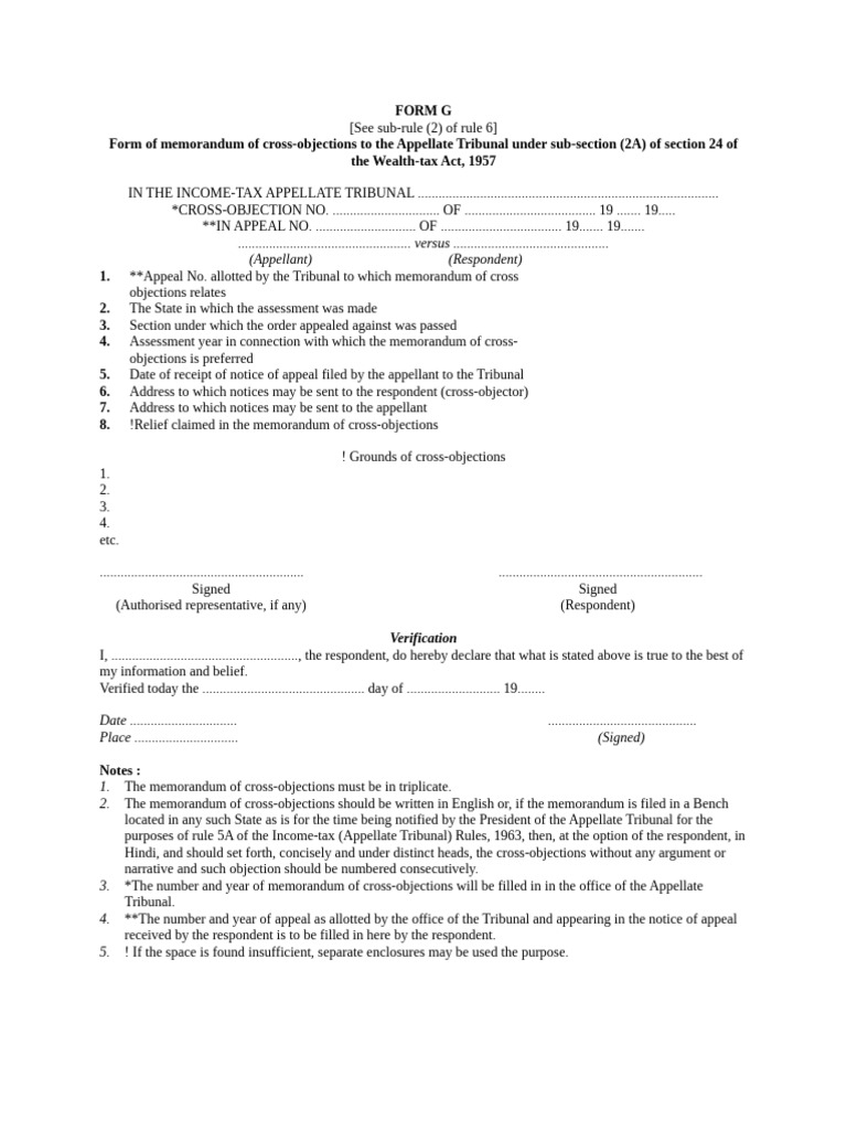 Form of Memorandum of Cross-Objections To The Appellate Tribunal Under ...