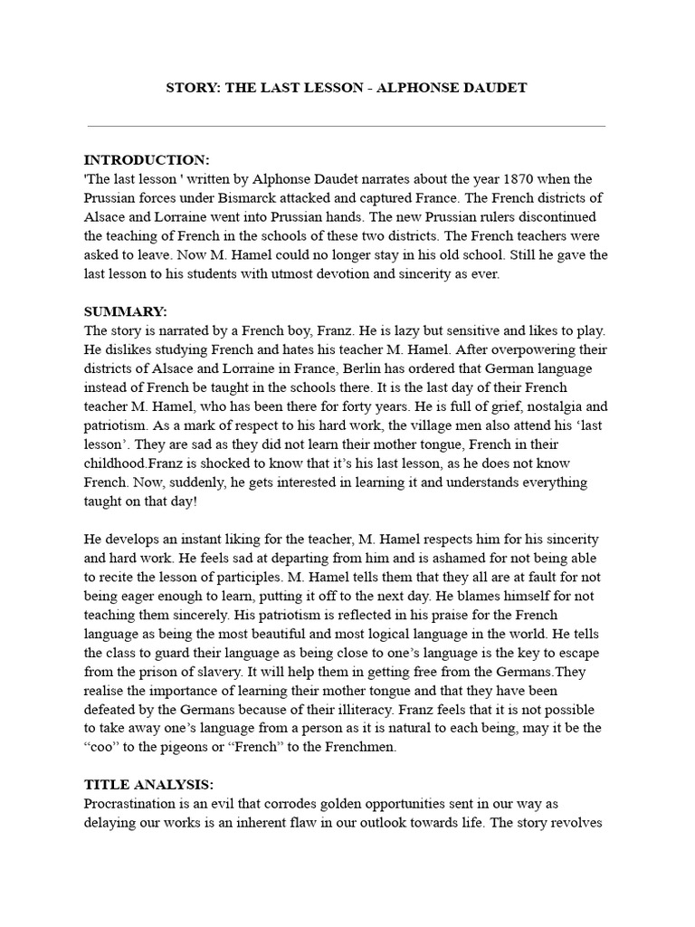 Story - The Last Lesson - Analysis | PDF