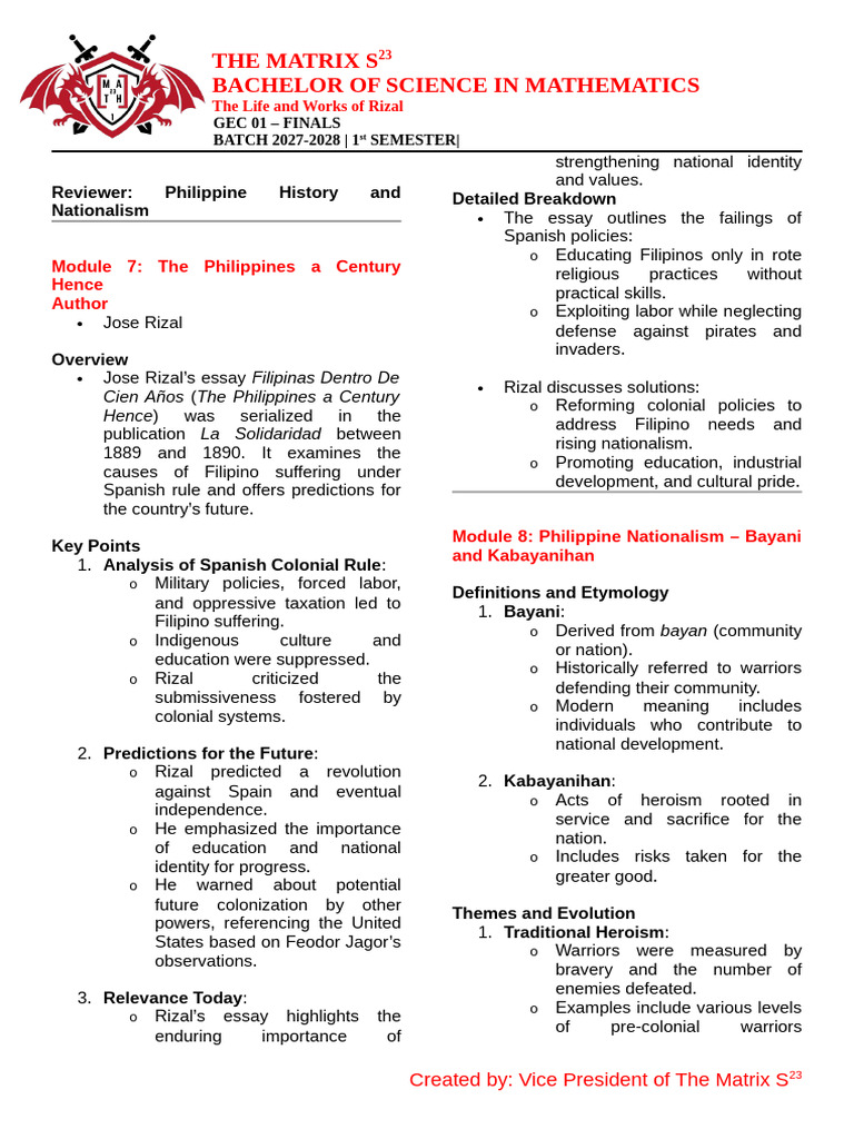 Matrix Gec 01 Finals Reviwer | PDF | Philippines