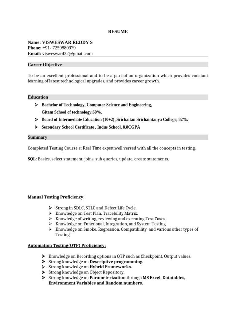 Testing Fresher Resume 1 | PDF | Microsoft Windows | Software Testing