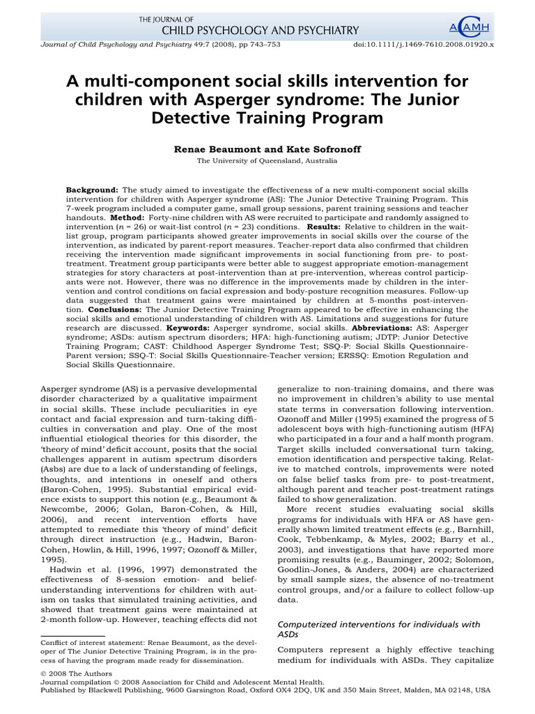 A Multi - Component Social Skills Intervention For Children With ...