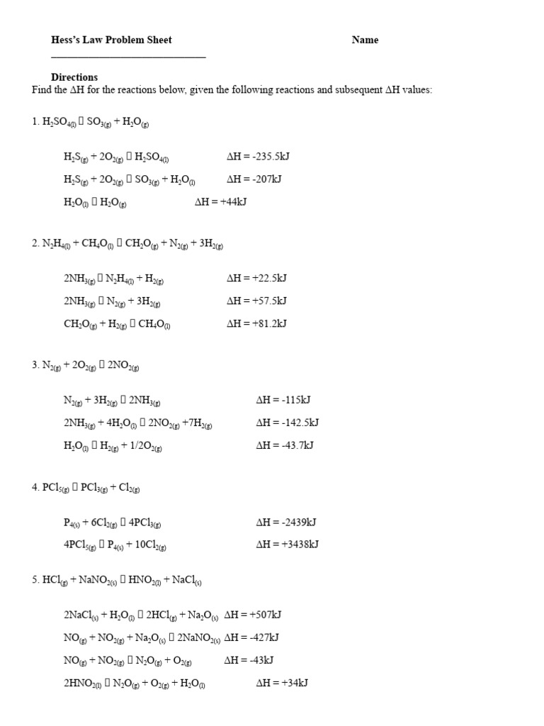 Thermochemistry Hess Law Practice Problems | PDF