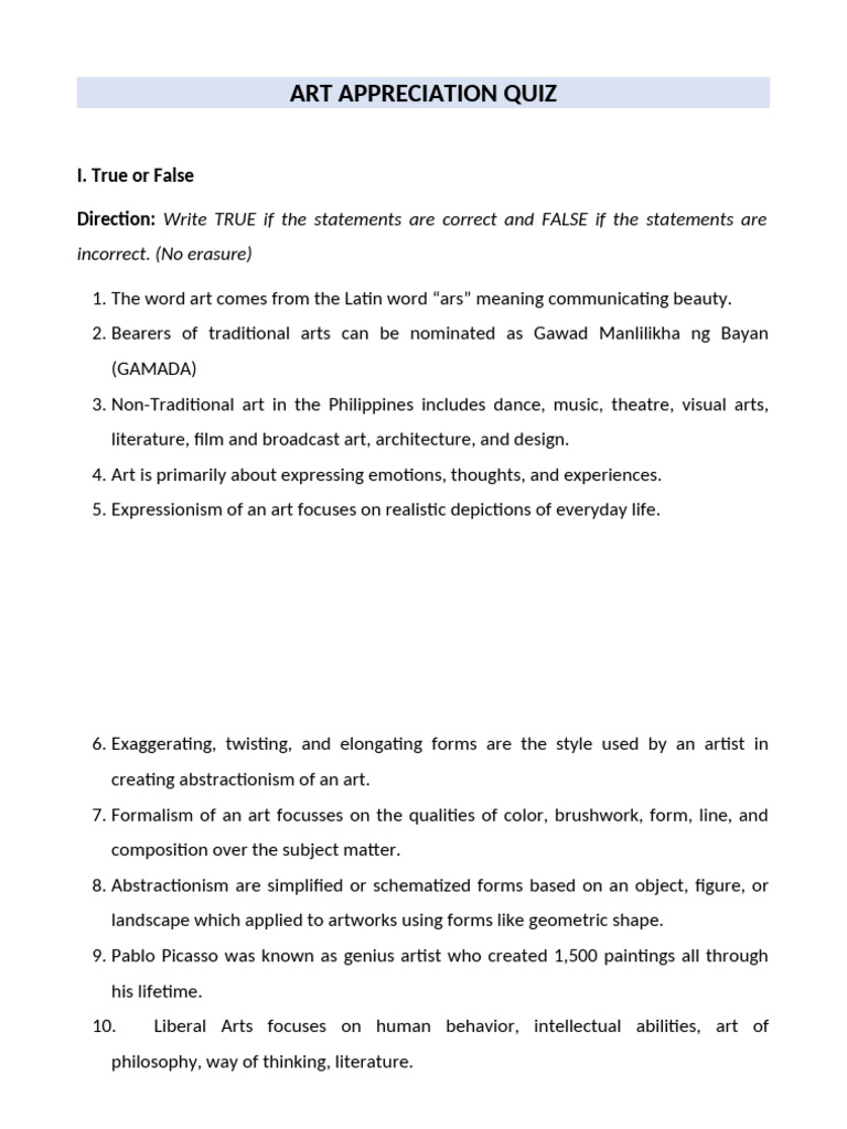 Art Appreciation Quiz: True or False | PDF
