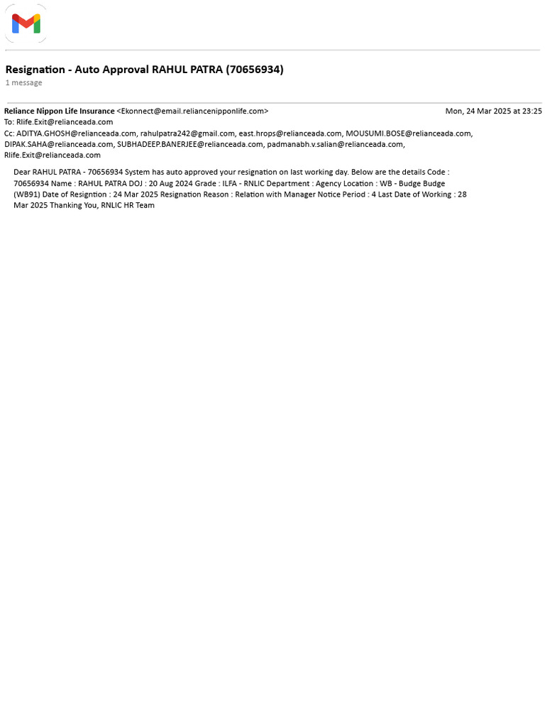 Gmail - Resignation - Auto Approval RAHUL PATRA-1 | PDF