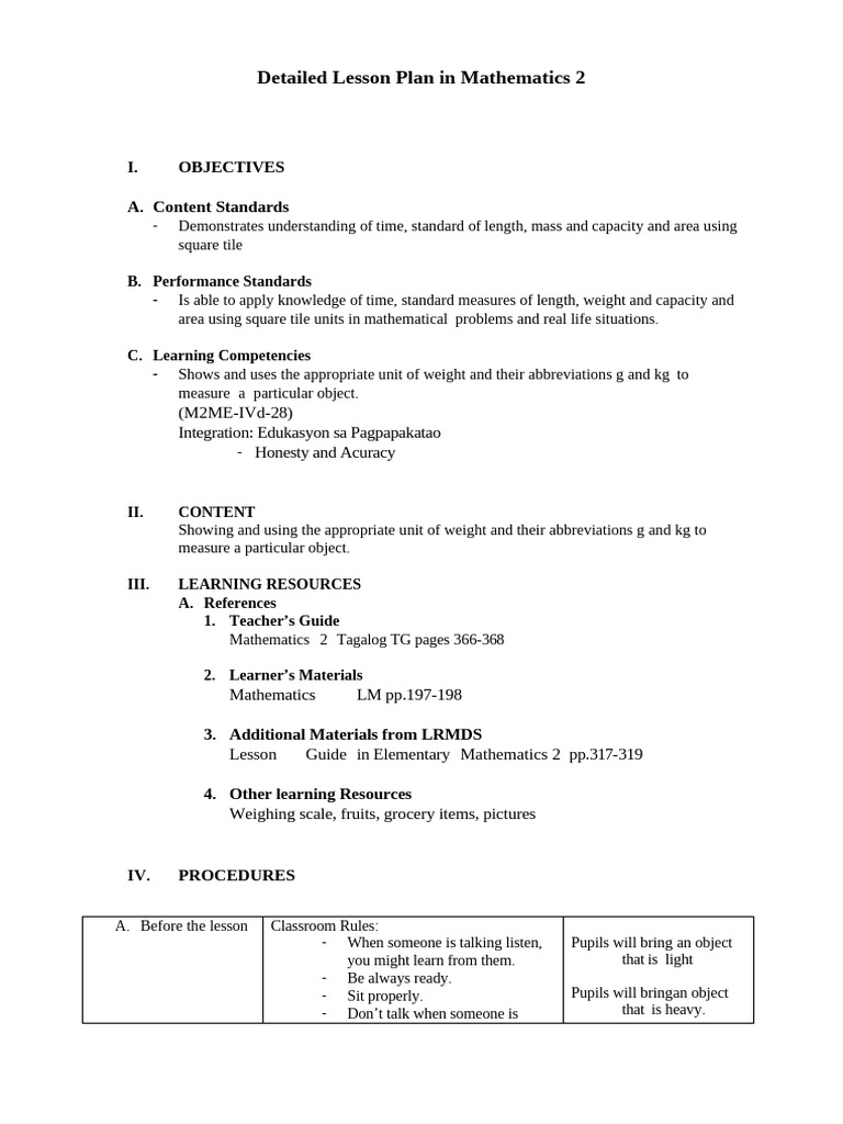 Detailed Lesson Plan in Mathematics 2new Edited | PDF | Weight | Kilogram