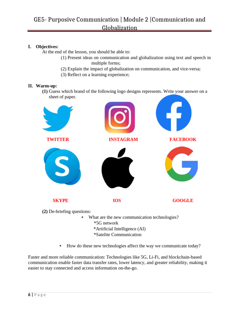 Module 2-Communication and Globalization JOHN ROY PACAMRA | PDF | Communication | Globalization