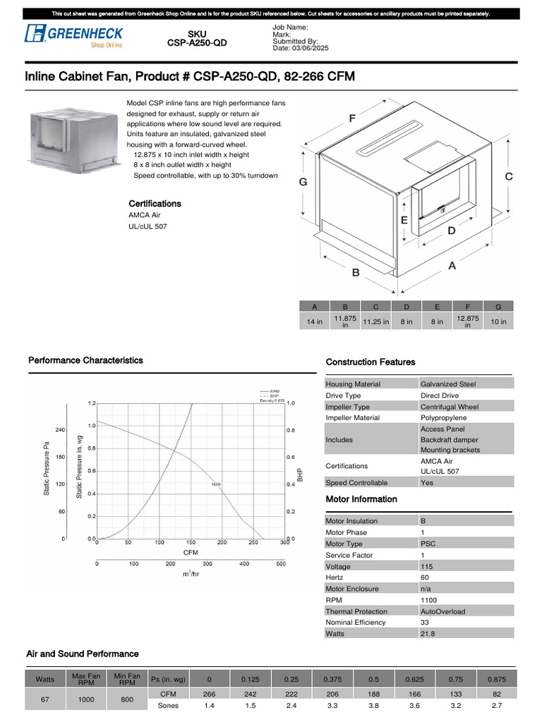 Greenheck CSP-A250-QD Inline Fan Specs | PDF | Manufactured Goods ...