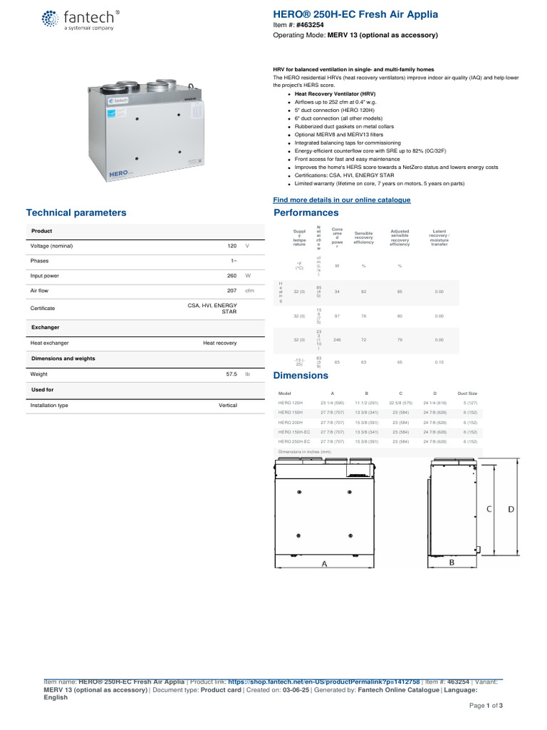 Fantech HERO® 250H-EC Fresh Air Applia | PDF | Electromechanical ...