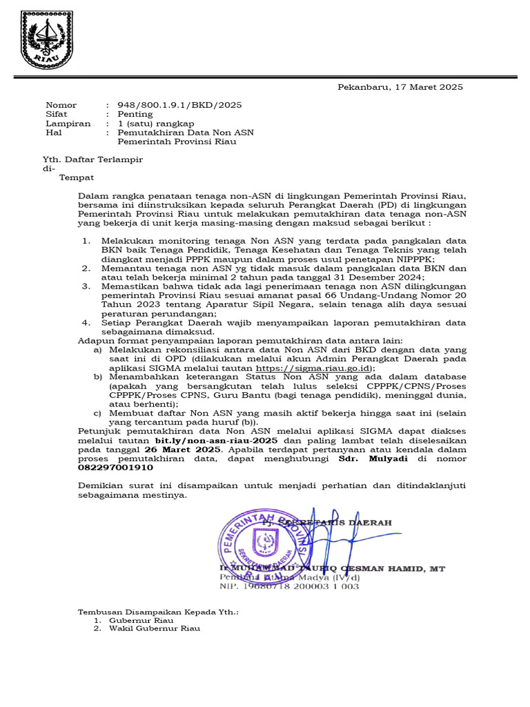 Surat Pemutakhiran Data Non Asn 2025 | PDF