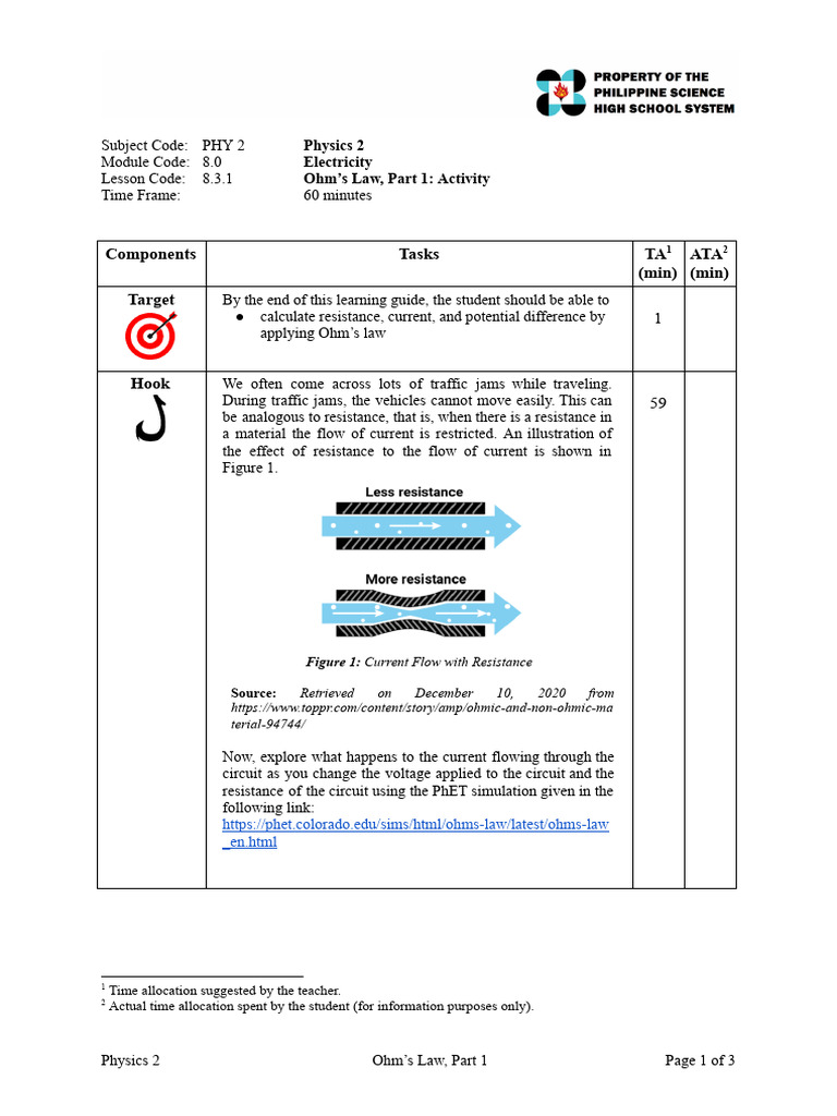 SLG - Phy 2 - Module 8.0 - Lesson 8.3.1 Ohms Law Part 1 | PDF | Voltage | Electrical Network