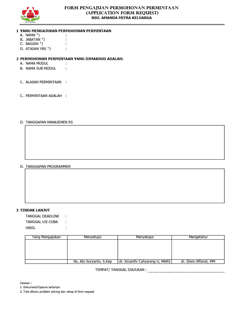 APPLICATION FORM REQUEST RSU Amanda Mitra Keluarga | PDF
