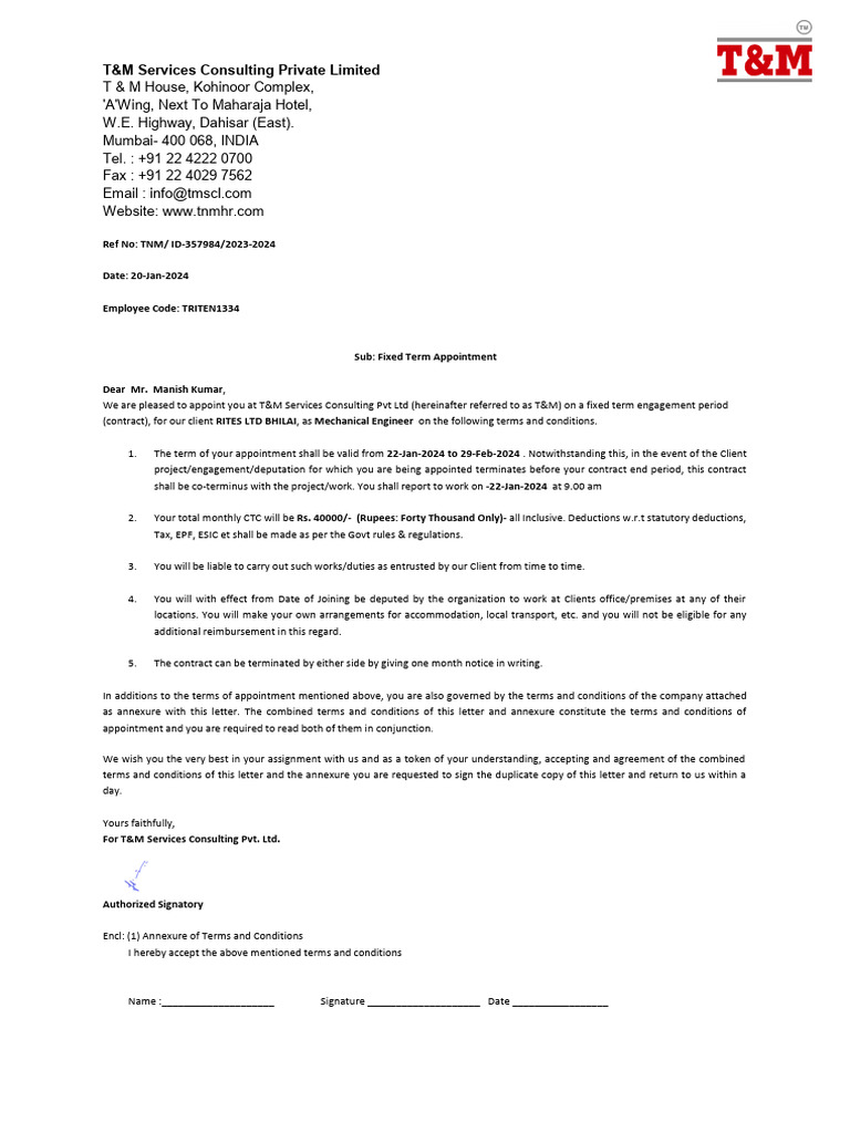 TRITEN1334 Manish Kumar S Appointment Letter - Rites Personnel Project ...
