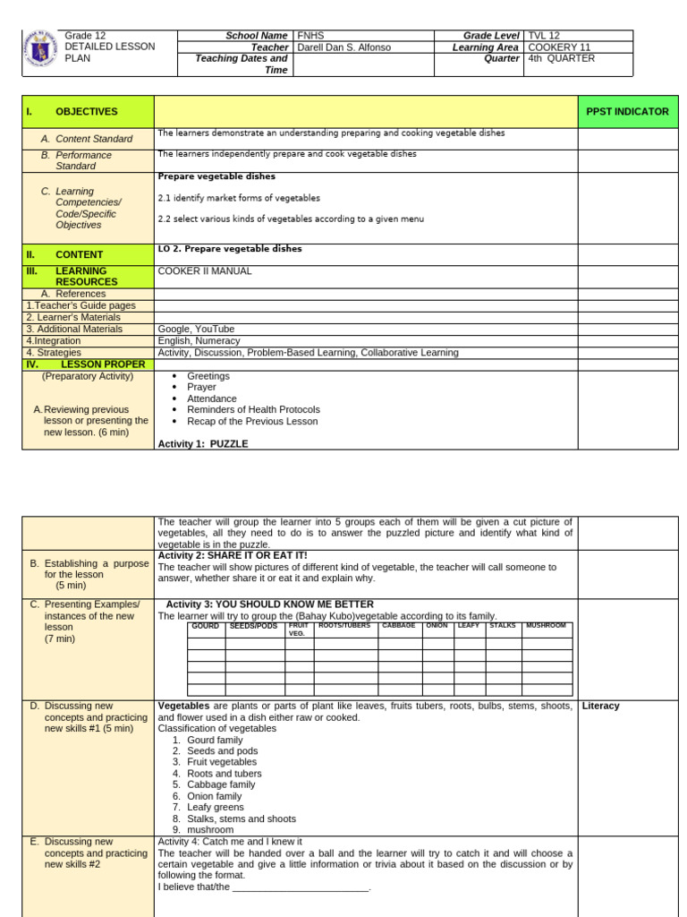 Grade 12 Cookery Lesson Plan: Vegetables | PDF | Learning | Teachers