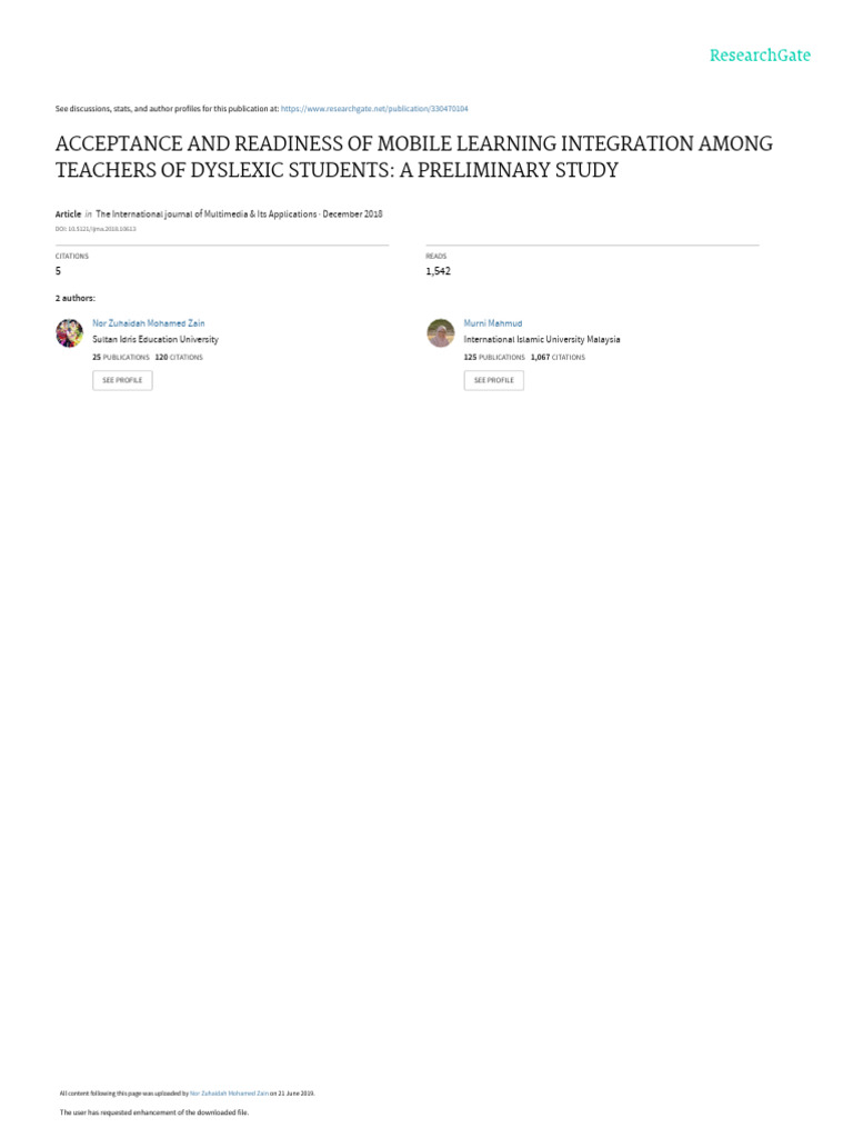 Acceptance and Readiness of Mobile Learning Integr | PDF | Dyslexia | Teachers