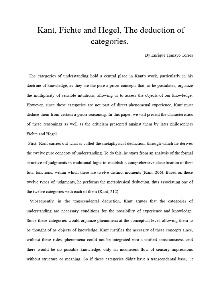 Kant, Fichte and Hegel, On The Deduction of Categories | PDF | Immanuel Kant | Georg Wilhelm ...