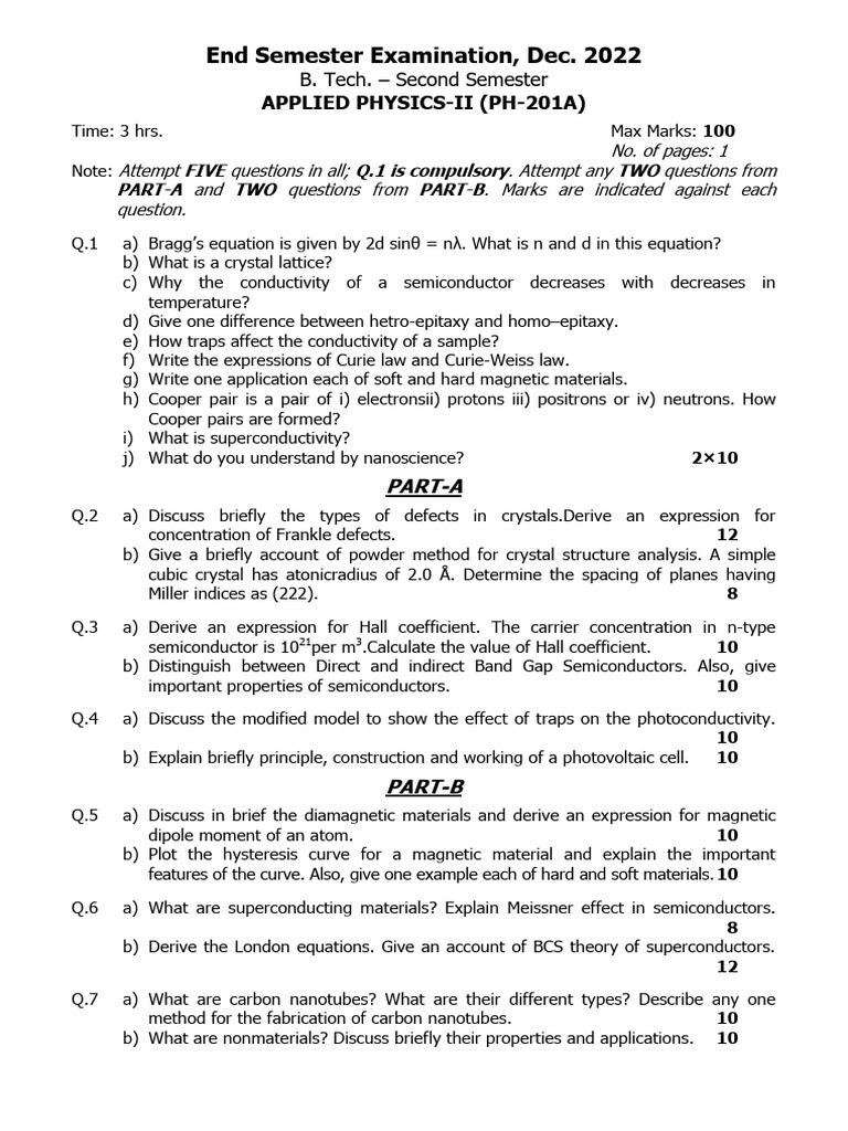 End Semester Examination, Dec. 2022: Applied Physics-Ii (Ph-201A) | PDF | Superconductivity ...