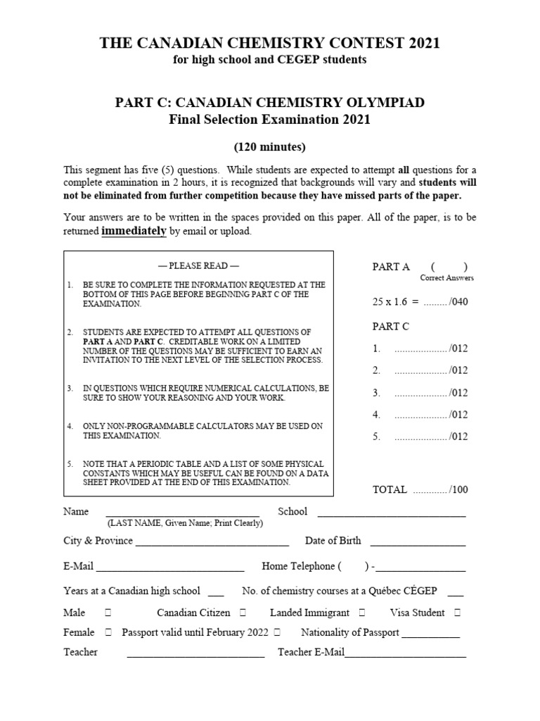 Canadian Chemistry Contest 2021 en | PDF | Coordination Complex ...